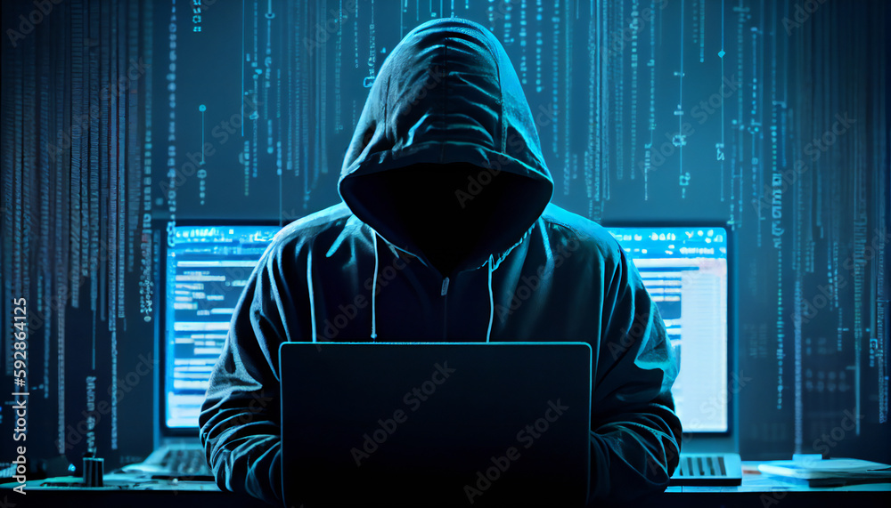 Haker at desktop using laptop with creative glowing map hologram on ...