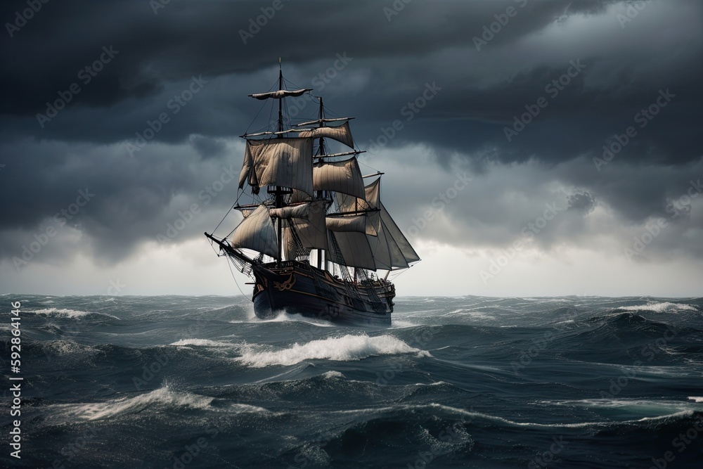pirate ship, sails billowing in the wind, leaving behind a stormy sea ...