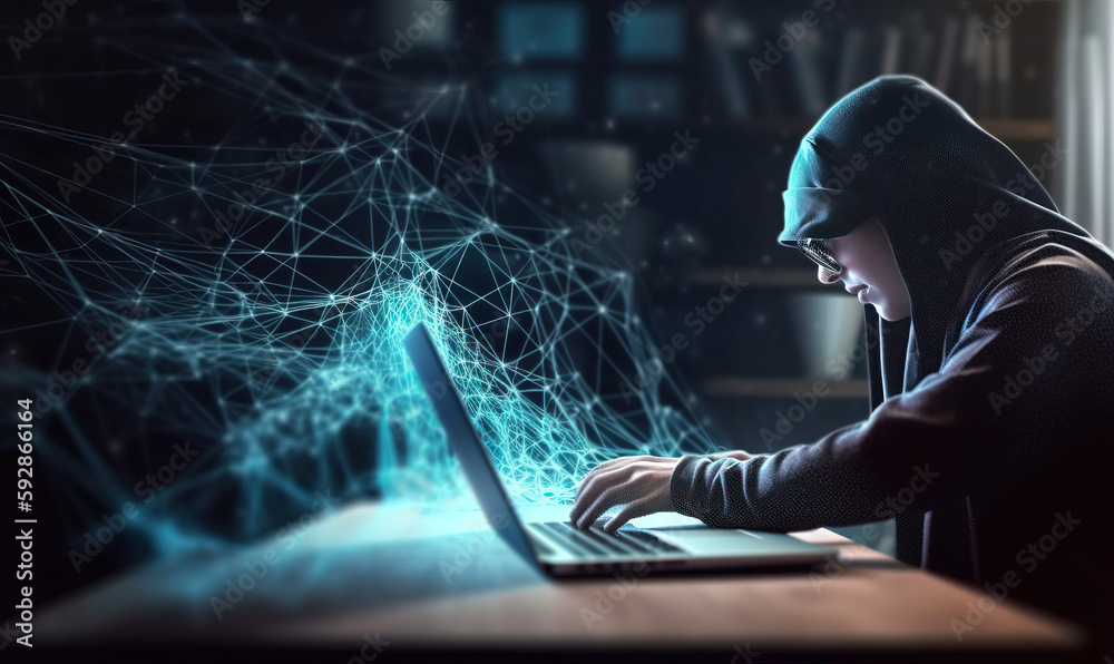 Unidentified Hacker with hoodie using laptop with glowing plexus lines ...