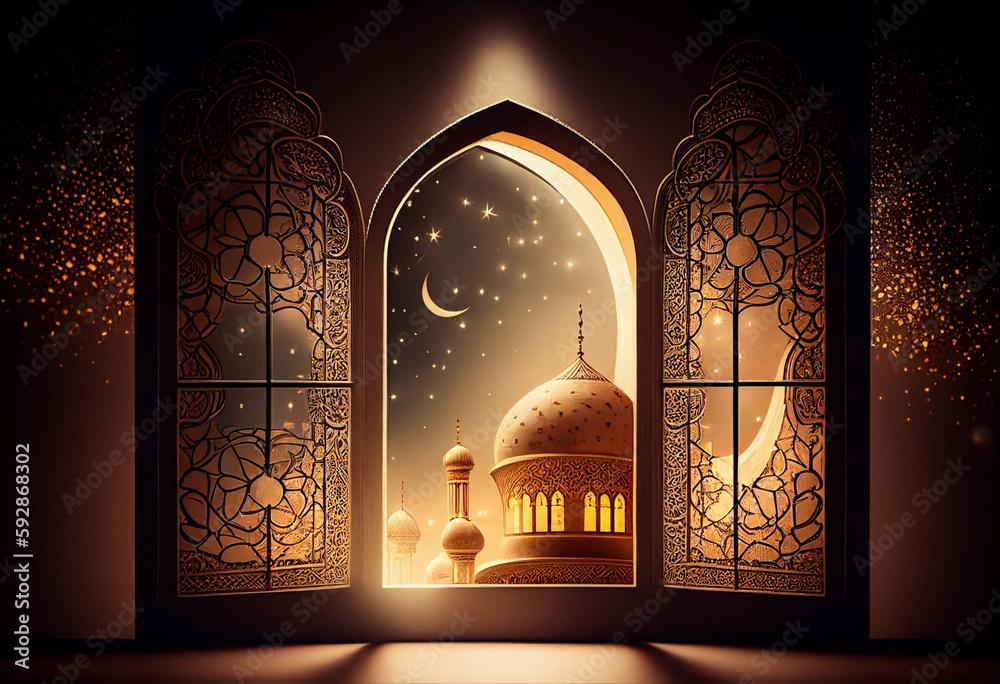 A windows depicts an islamic mosque at night with moon and lentern. In ...