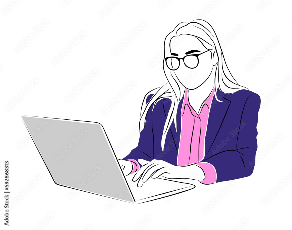 Female Business character outline drawing. Business woman working on ...