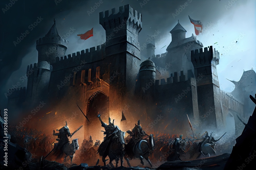 storming a castle with siege weaponry and battering rams, medieval ...