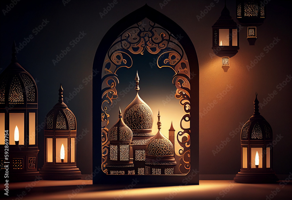 A windows depicts an islamic mosque at night with moon and lentern. In ...