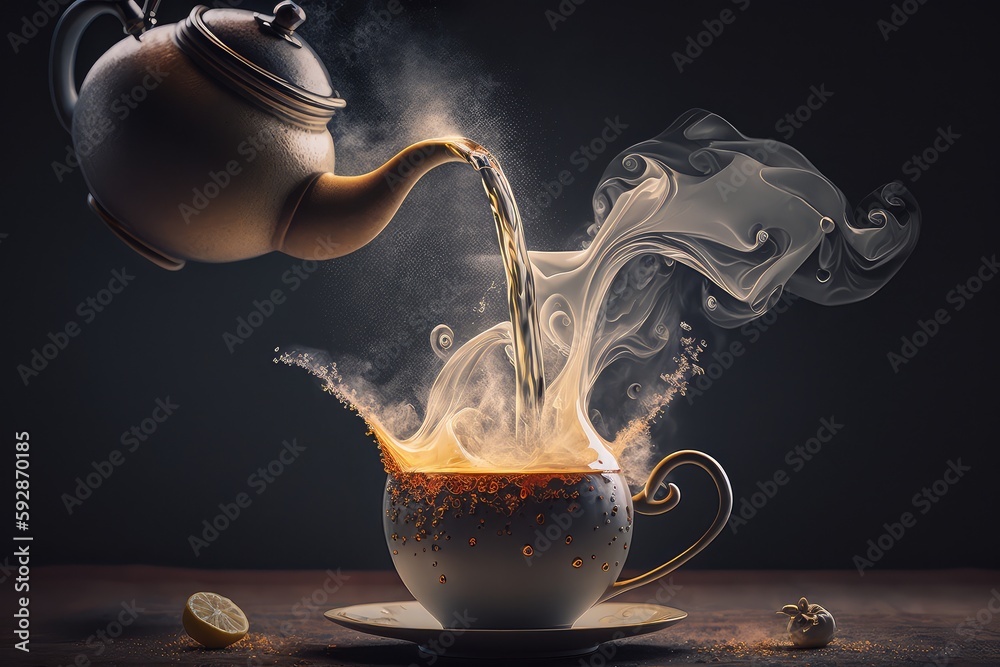 teapot, masala chai tea, and pyramid of spices on wooden surface ...