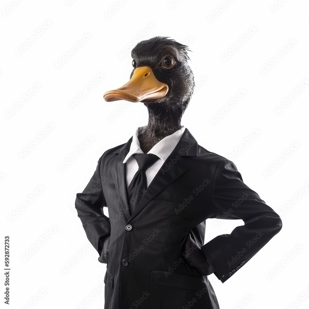 Duck in a formal business suit, an animal in human clothes, in front of ...