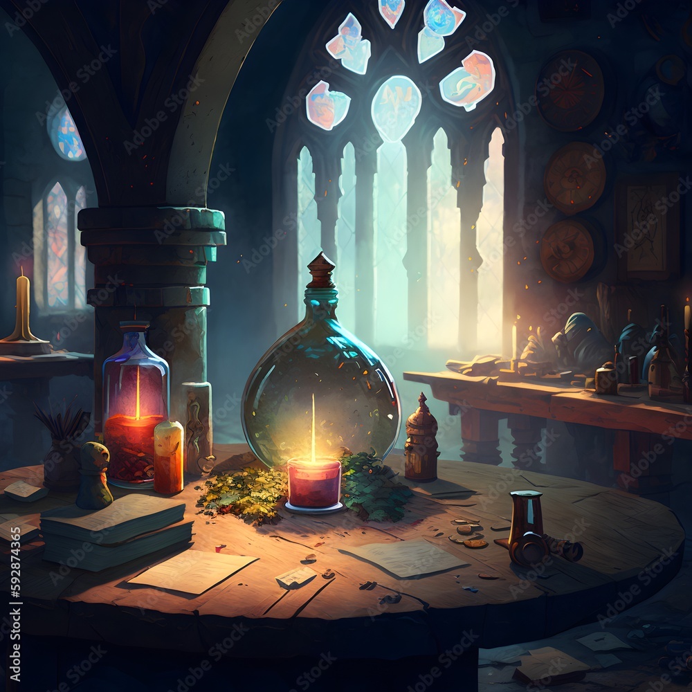 fantasy childrens book A large castle room stone walls with wooden ...