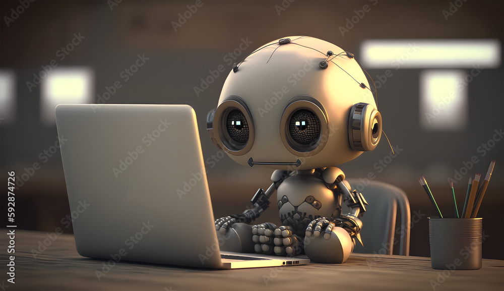 cute retro robot as AI chatbot typing on a computer - generative AI ...