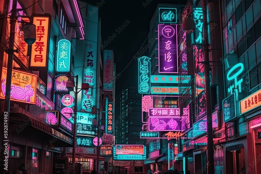 Cyberpunk futuristic Tokyo city at might with Japanese neon signs ...