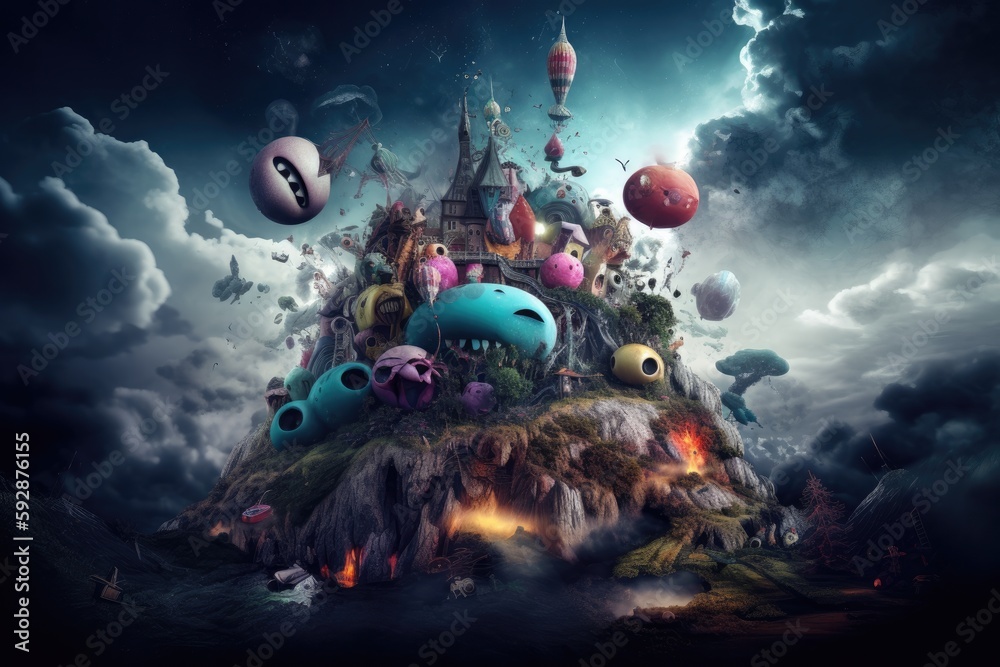 Psychedelic illustration of a nightmare with strange creatures and ...