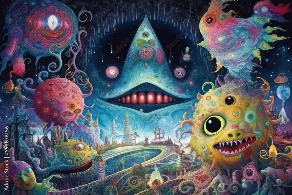 Psychedelic illustration of a nightmare with strange creatures and ...