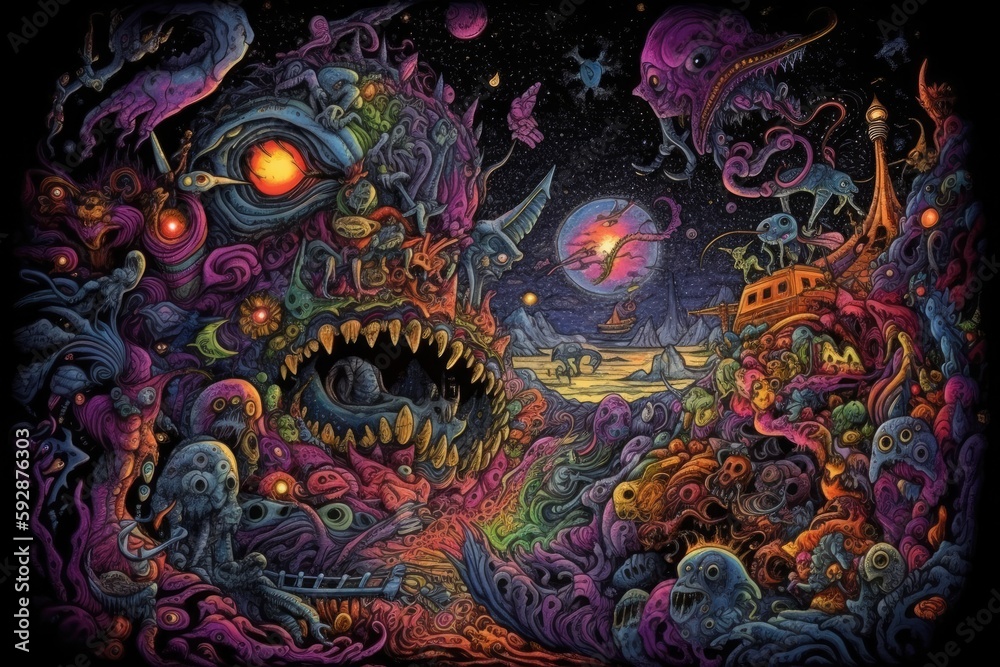 Psychedelic illustration of a nightmare with strange creatures and ...