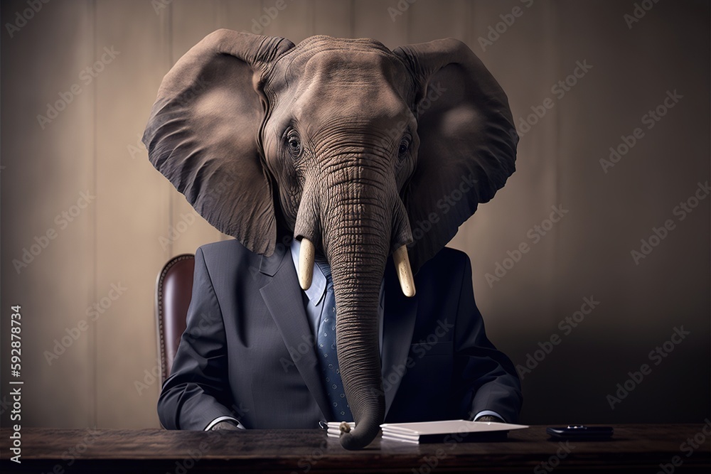 Elephant boss. Realism, grey, formal wear, employee. Illustration. AI ...