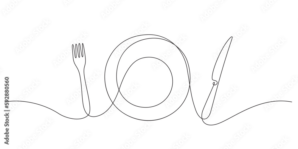 continuous one line drawing of dining table set and utensils steak ...