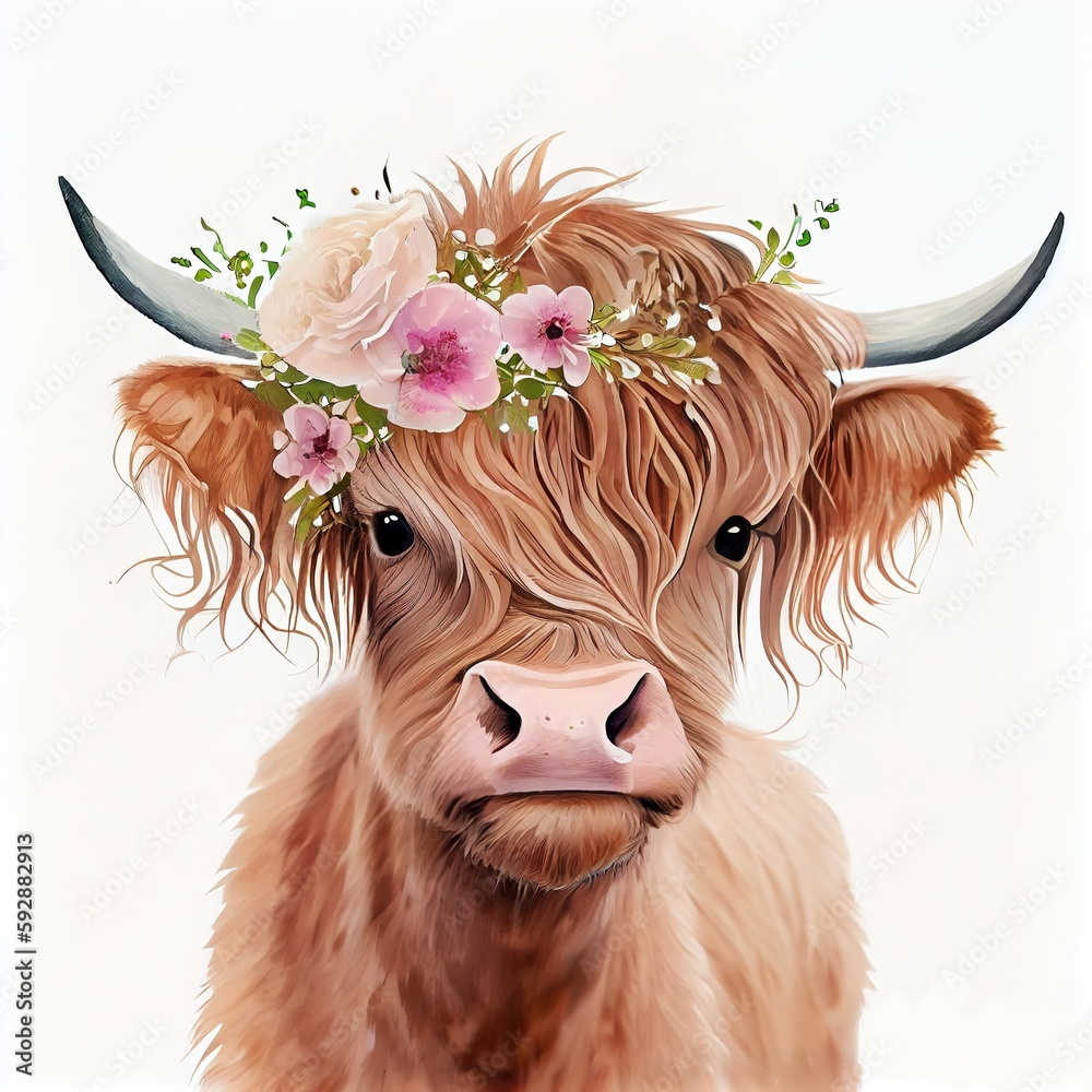 Watercolor Cute highland cow with flowers on its head, Highland cow ...