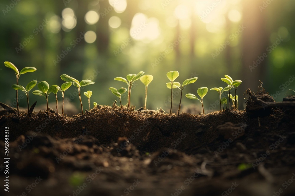 Growth plants concept in the nature morning light on green background ...