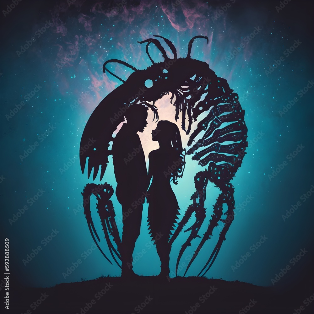 silhoutte of a man and woman in love the woman has an alien creature ...