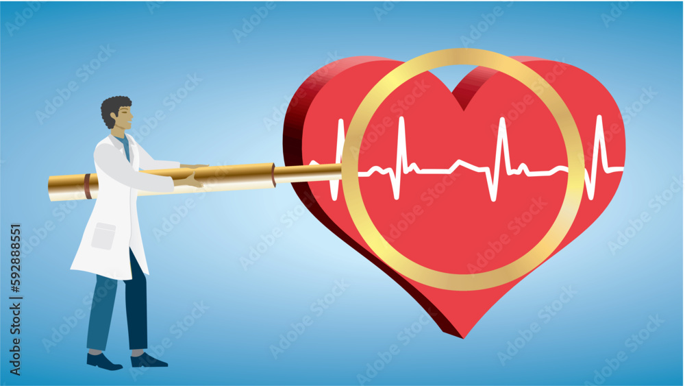 Man, doctor with on big magnifying glass , focus, looking at ECG, heart ...