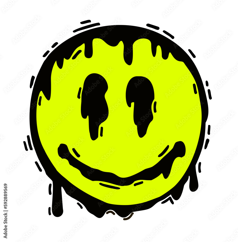 Sketch of a smile with paint streaks. Melting smile. Funny psychedelic ...