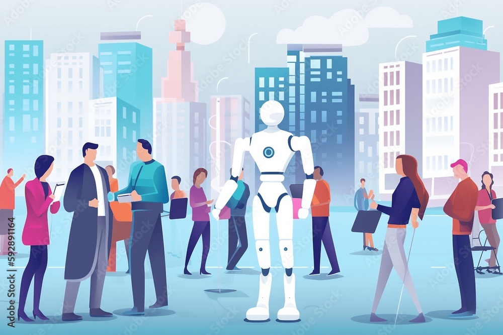 A robot interacting with humans in a bustling city square, with people ...