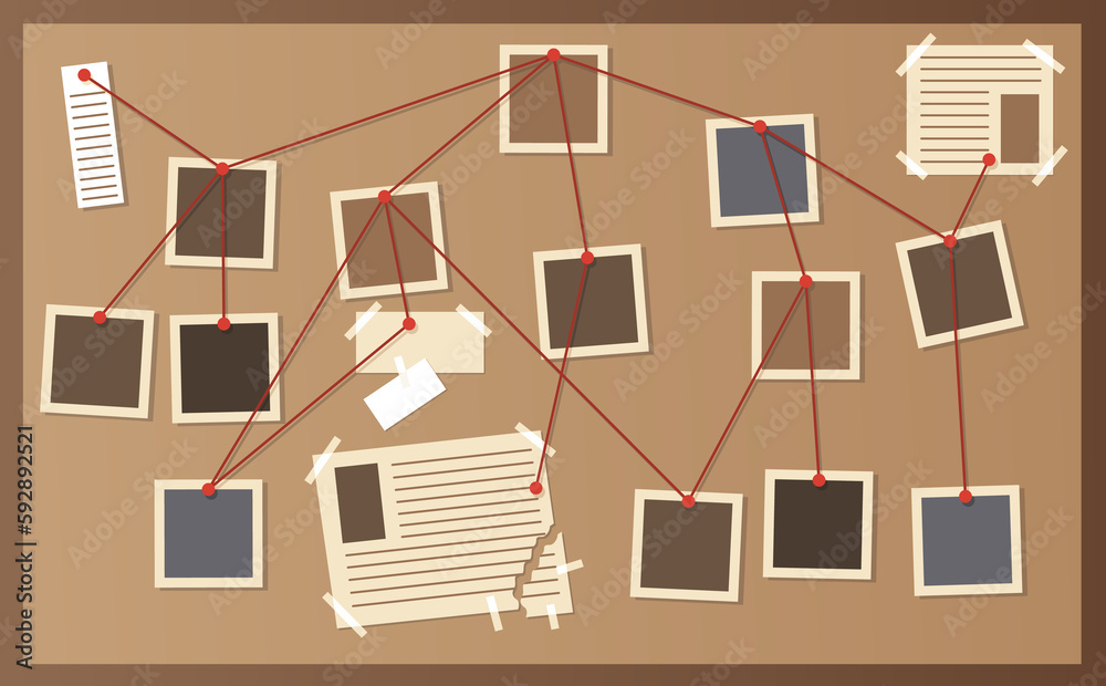 ภาพประกอบสต็อก Detective office interior element. Wall board, wits and ...