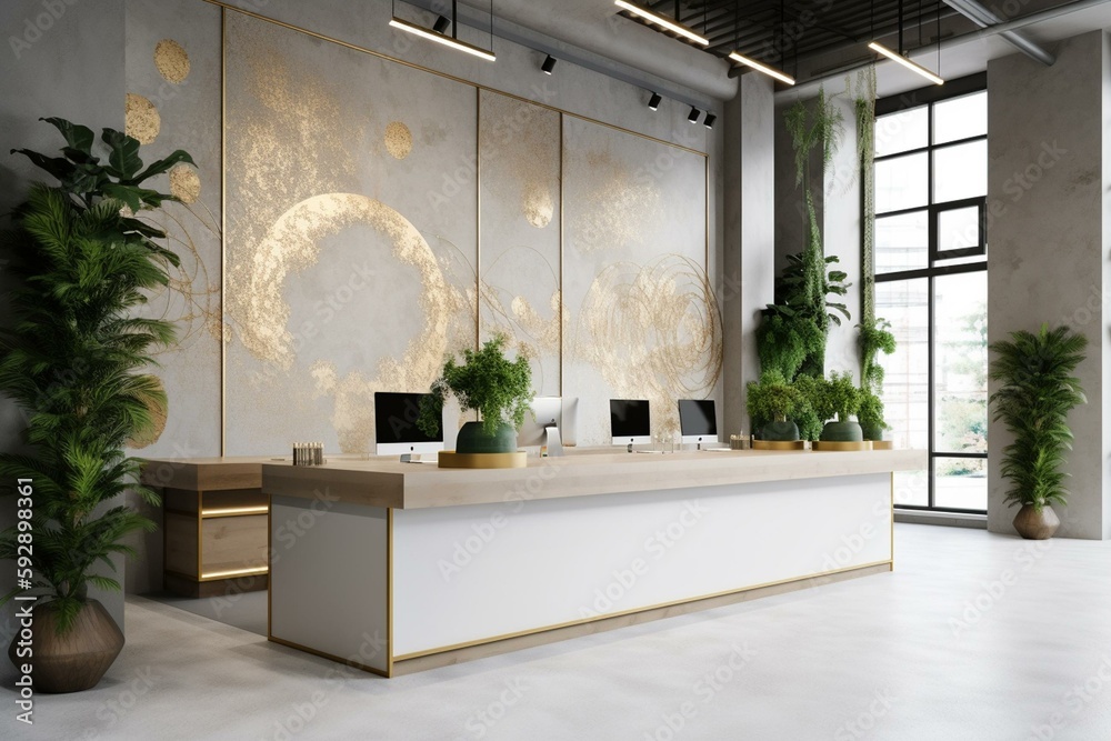 Perspective view on stylish reception desk with modern computers on ...