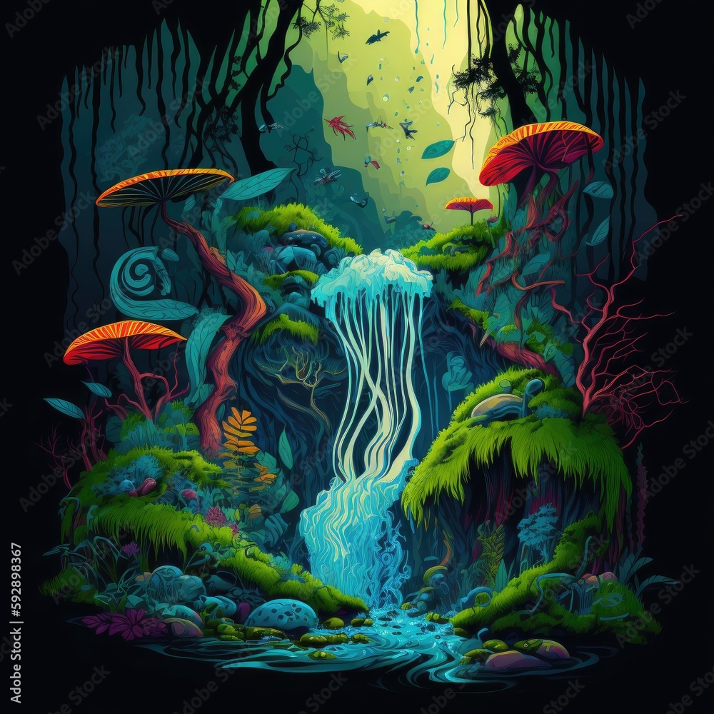 A virtual world within a fantasy landscape in the rainforest. Backdrop ...