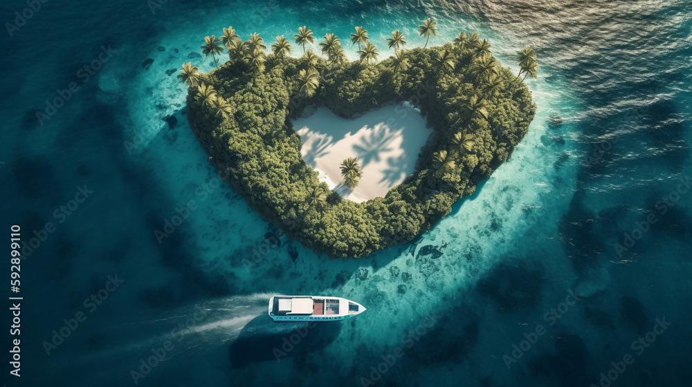 Tropical island in the shape of a heart and floating boat. Generative ...