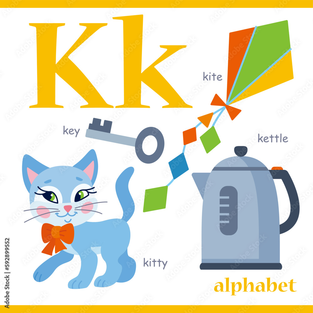 Alphabet letter K with cartoon vocabulary illustration: kite, kitty ...