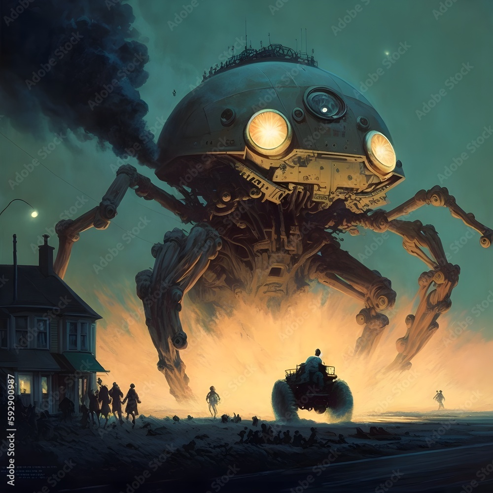 1950s science fiction scene in color gigantic terrifying extra ...