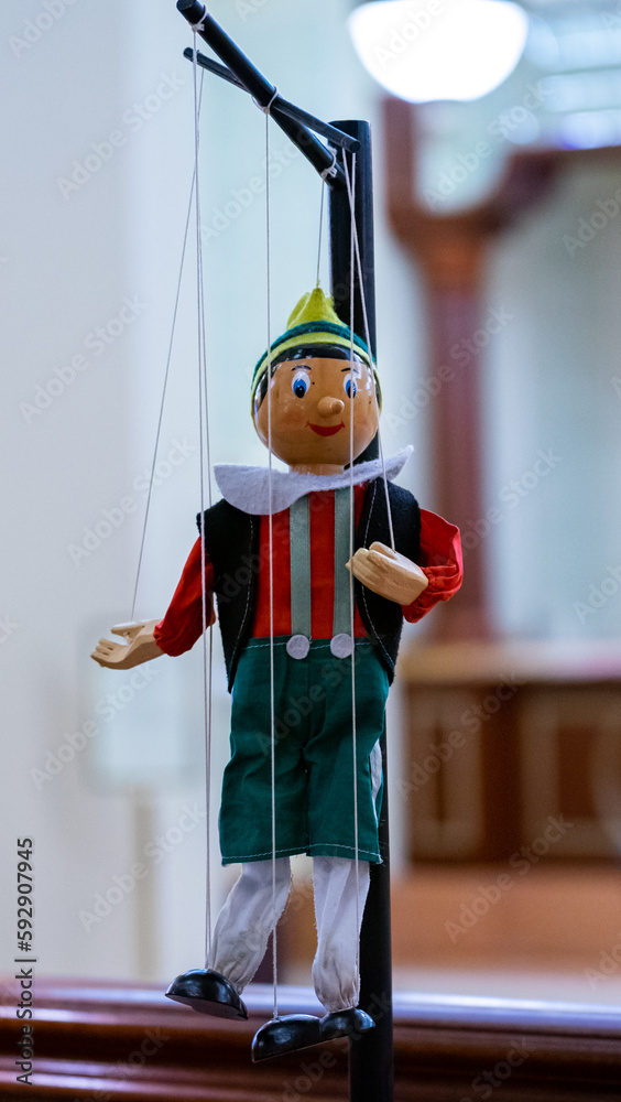 Closeup of a Pinocchio doll, displayed in the lobby of Disney Hotel in ...
