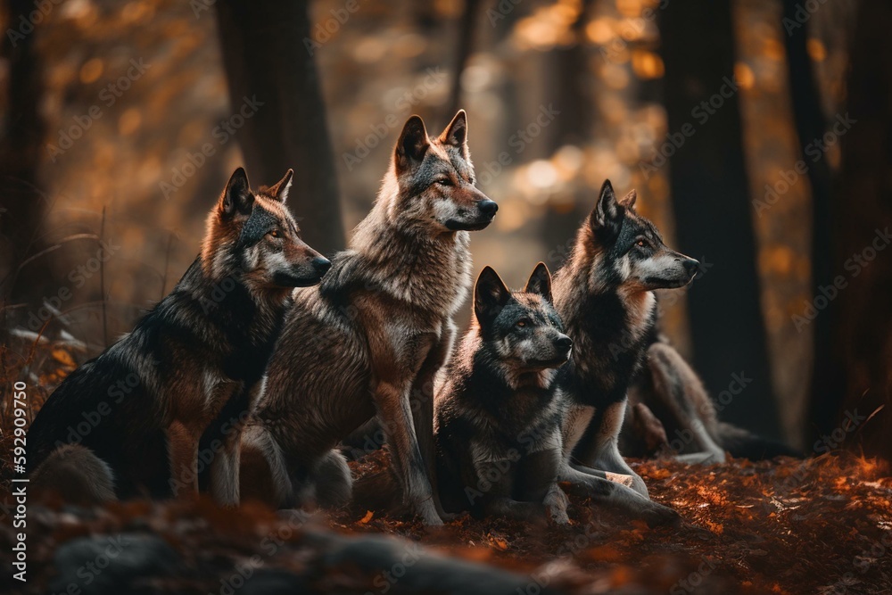 King of the Pack Group of Wild Wolves Sitting Together in the Forest ...