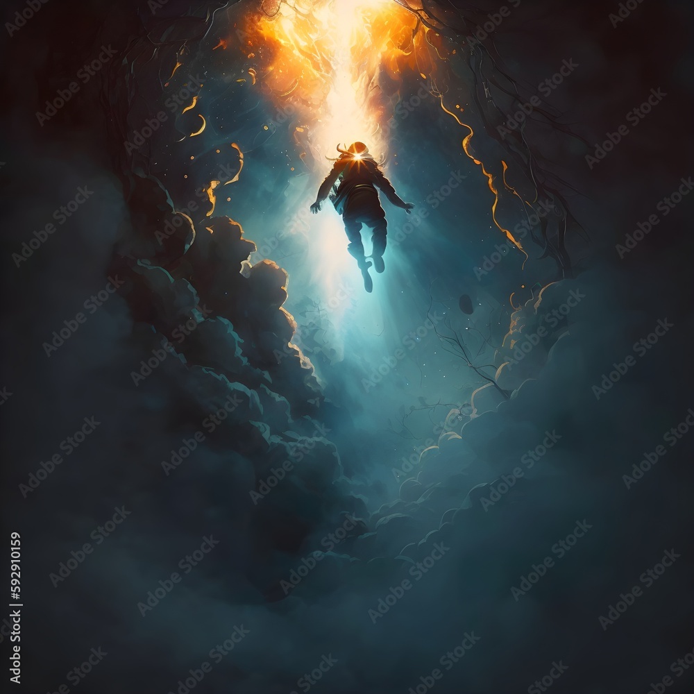 give me a visual representation of someone falling from the sky into ...