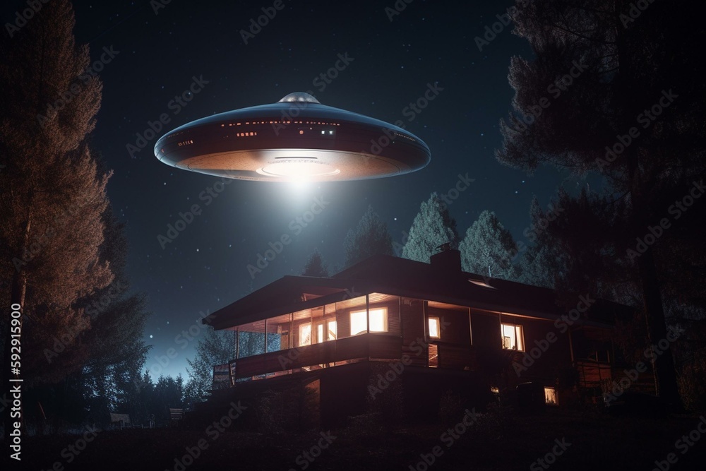 UFO unidentified flying object with light beam above house in night sky ...