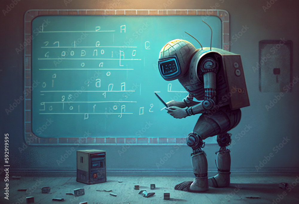Humanoid robot student in front of a school classroom chalkboard while ...