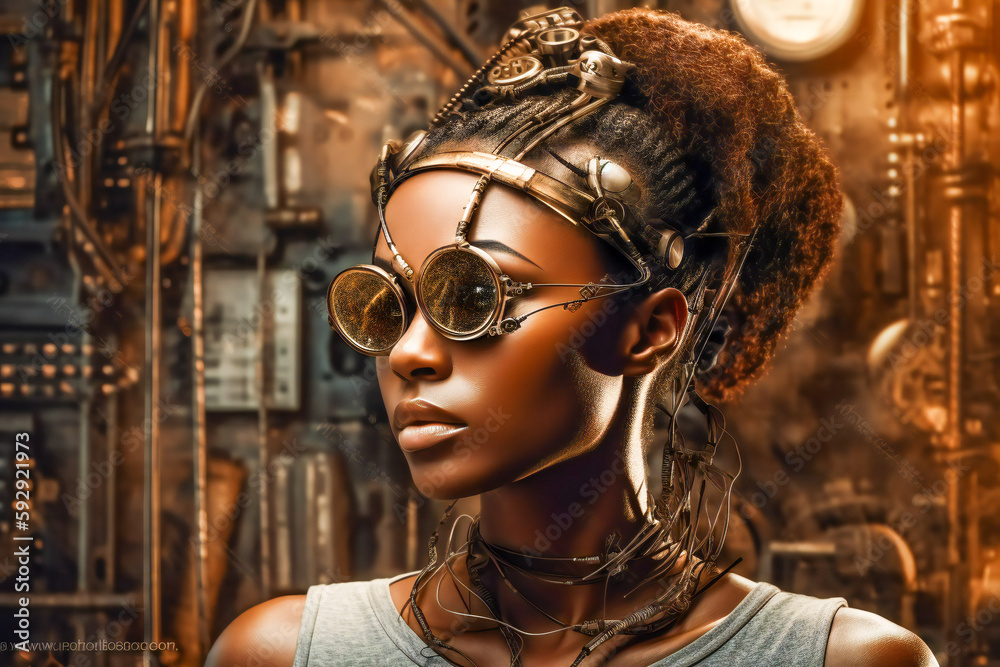 Illustration of an young attractive black woman with circuits and high ...