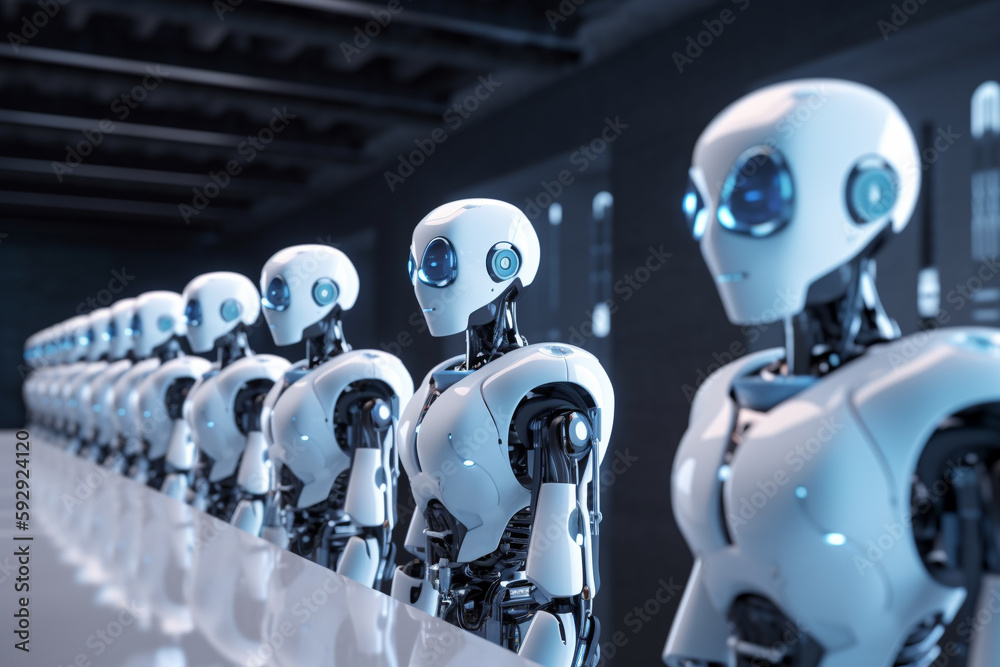 Futuristic Ai Robots standing in a row in front of a table with ...