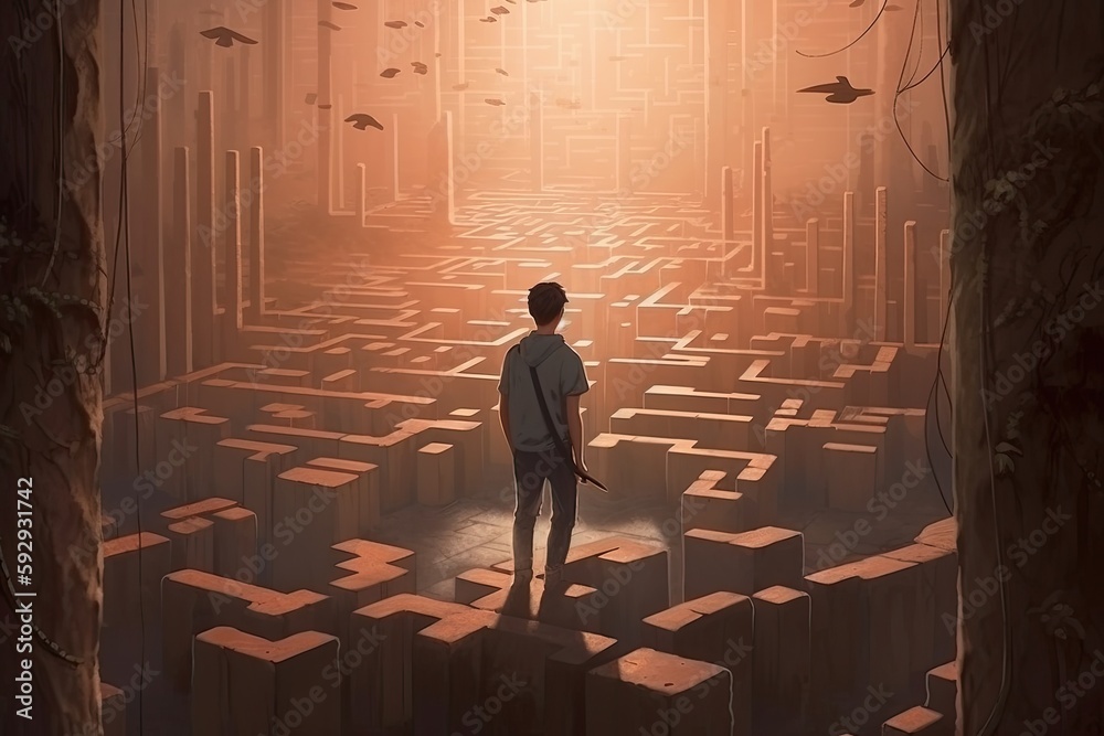 Concept fantasy illustration showing a man standing in the middle of a ...