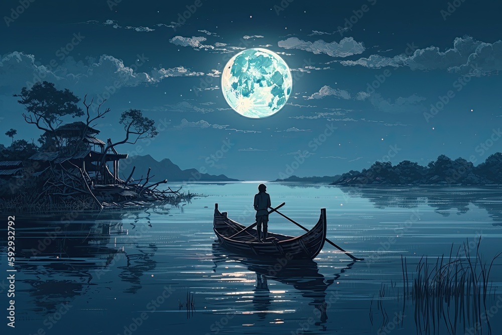 Night scenery of a man rowing a boat towards a giant moon, fantasy ...
