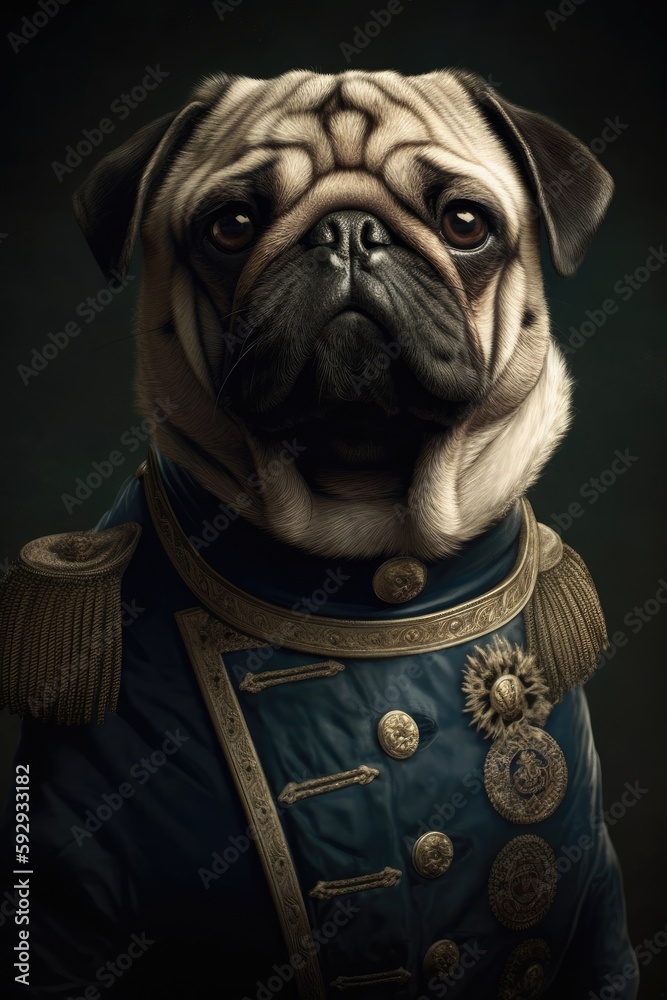 Protriat of a mops, dressed up as royals, in the style of realistic and ...