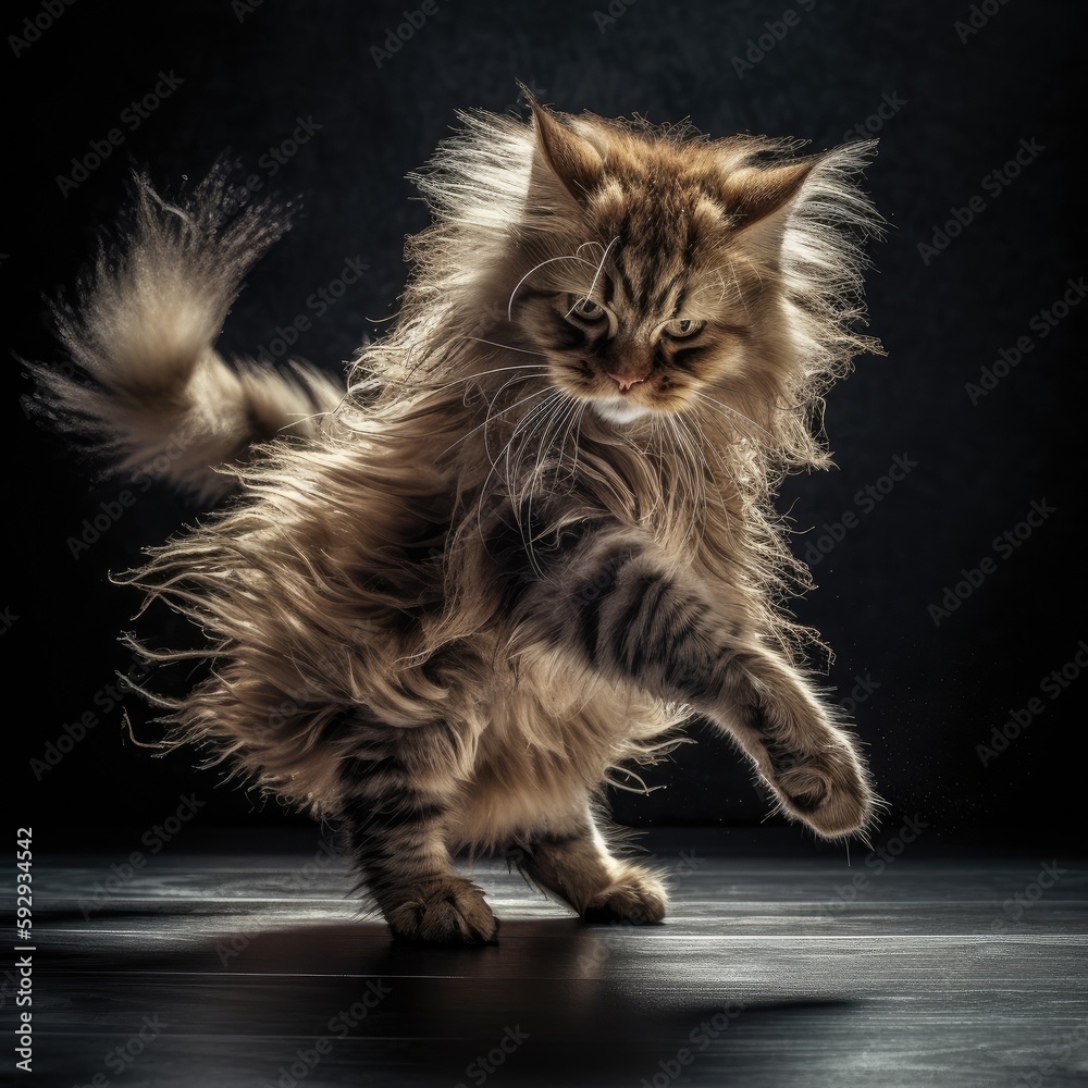 Fluffy cat with fur, accurately proportioned limbs, and vivid break ...