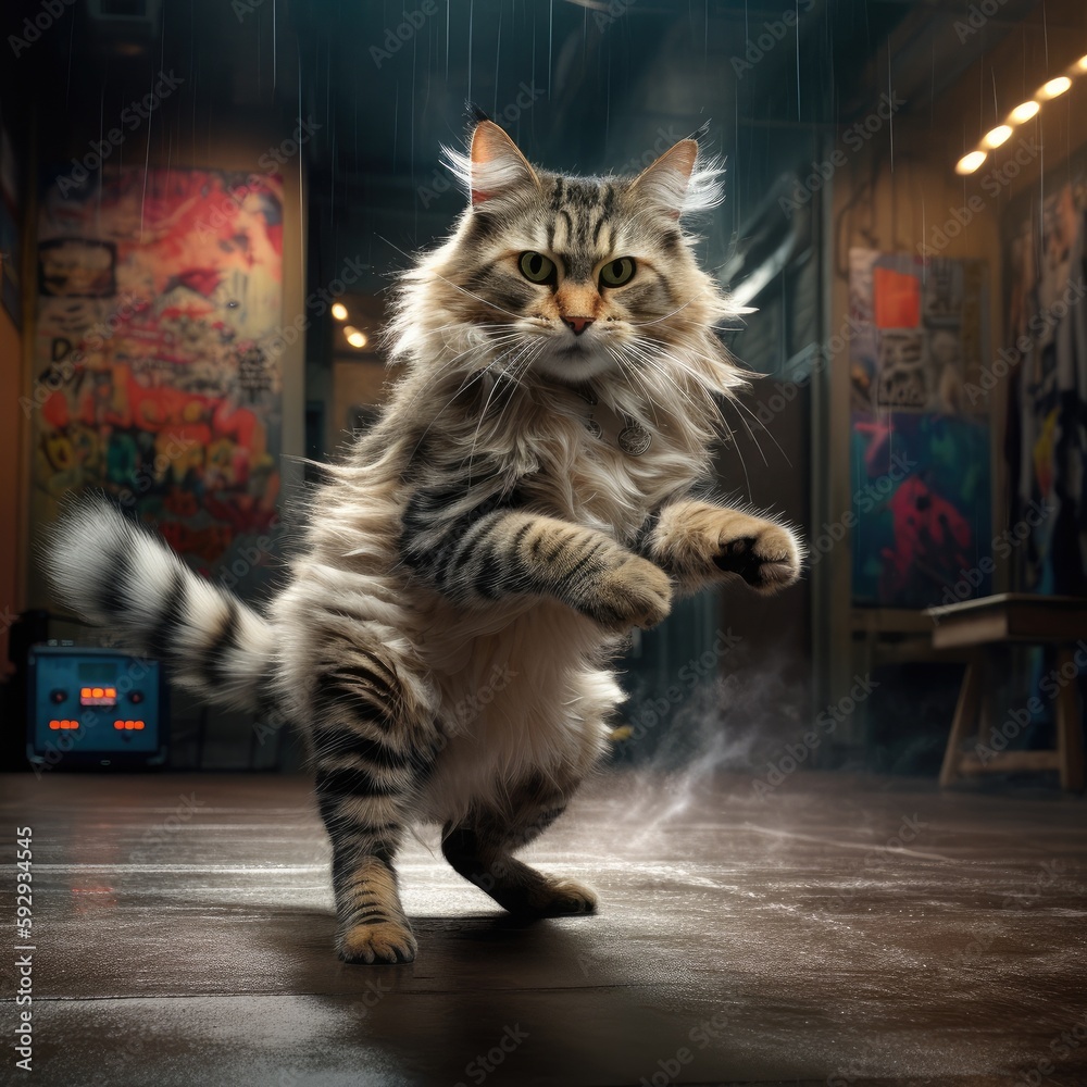 Fluffy cat with fur, accurately proportioned limbs, and vivid break ...