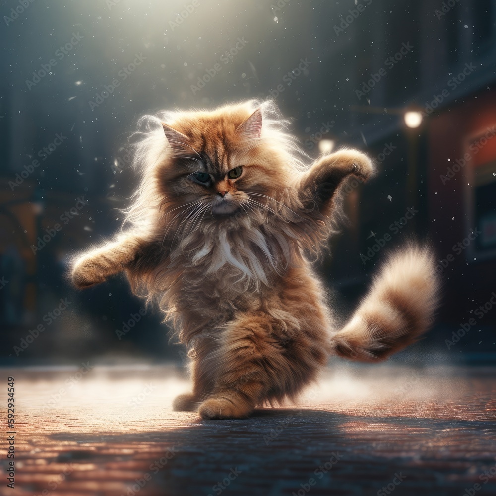 Fluffy cat with fur, accurately proportioned limbs, and vivid break ...