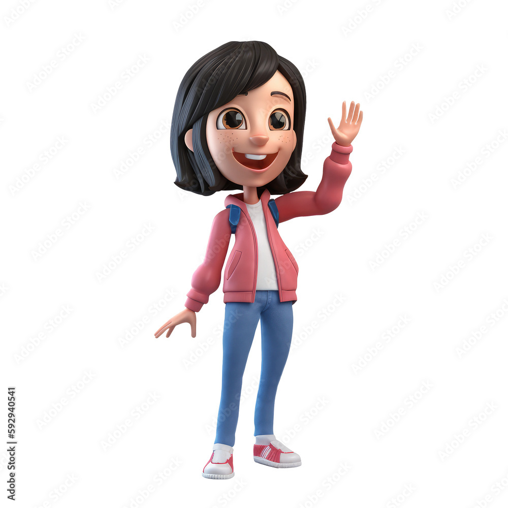 3D icon people cartoon kawaii Young woman stands waving her hand ...