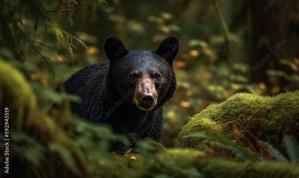 Ursus americanus known as American black bear foraging in lush ...