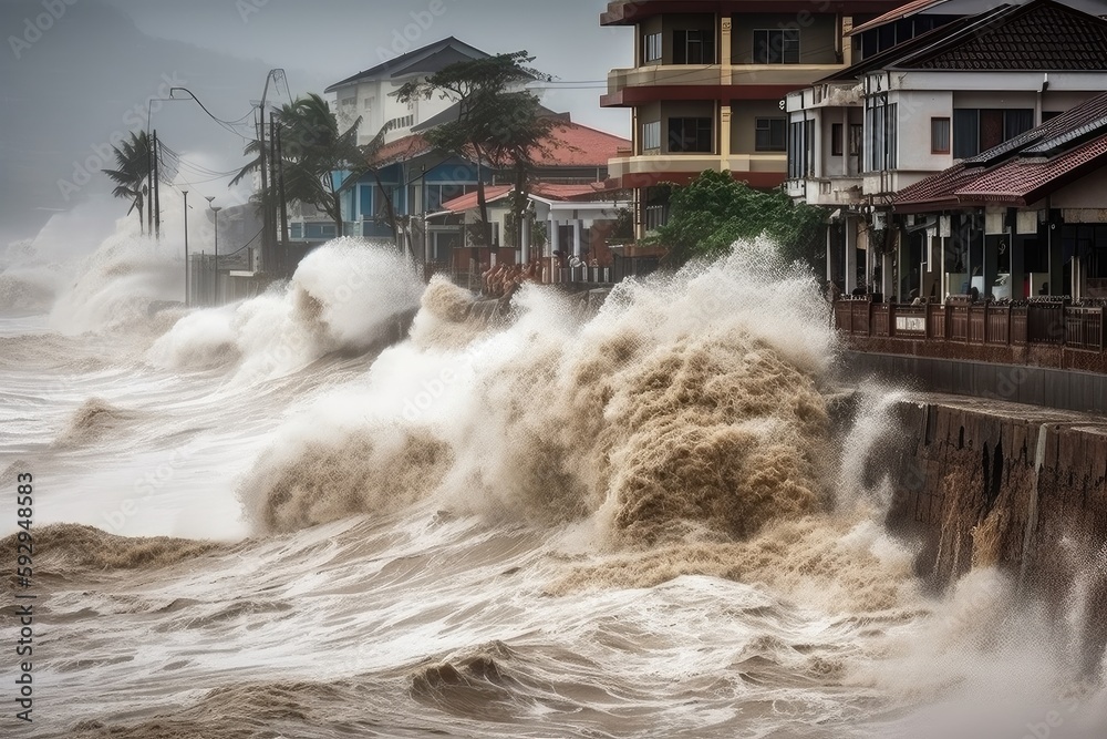 tsunami wave crashes into coastal village, destroying buildings and ...