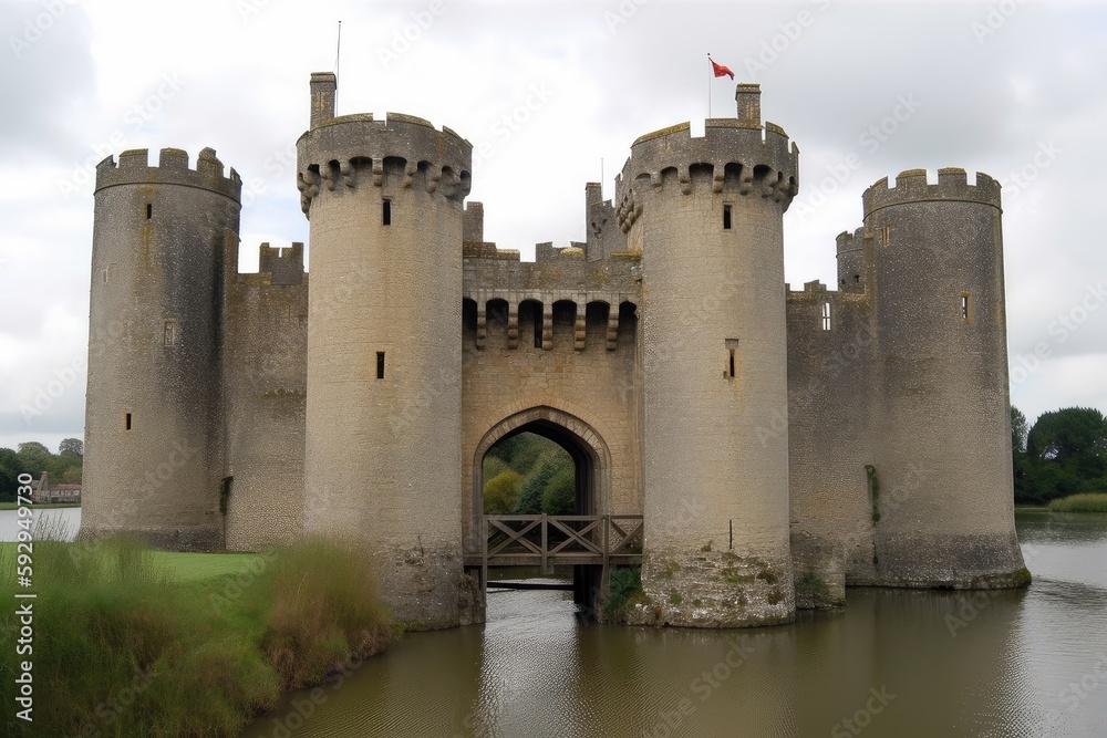 medieval castle, with drawbridge lowered and portcullis raised ...