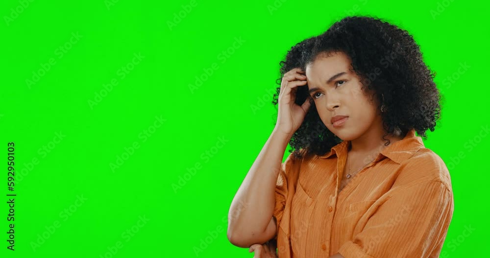 Confused woman, green screen and scratching head for thinking of ideas ...