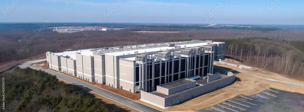 A new datacenter. AI generated data center, or technical headquarters under a blue sky. AI ...