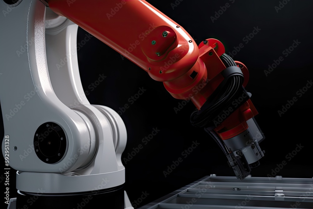 close-up of robotic arm, with safety switch and emergency stop button ...