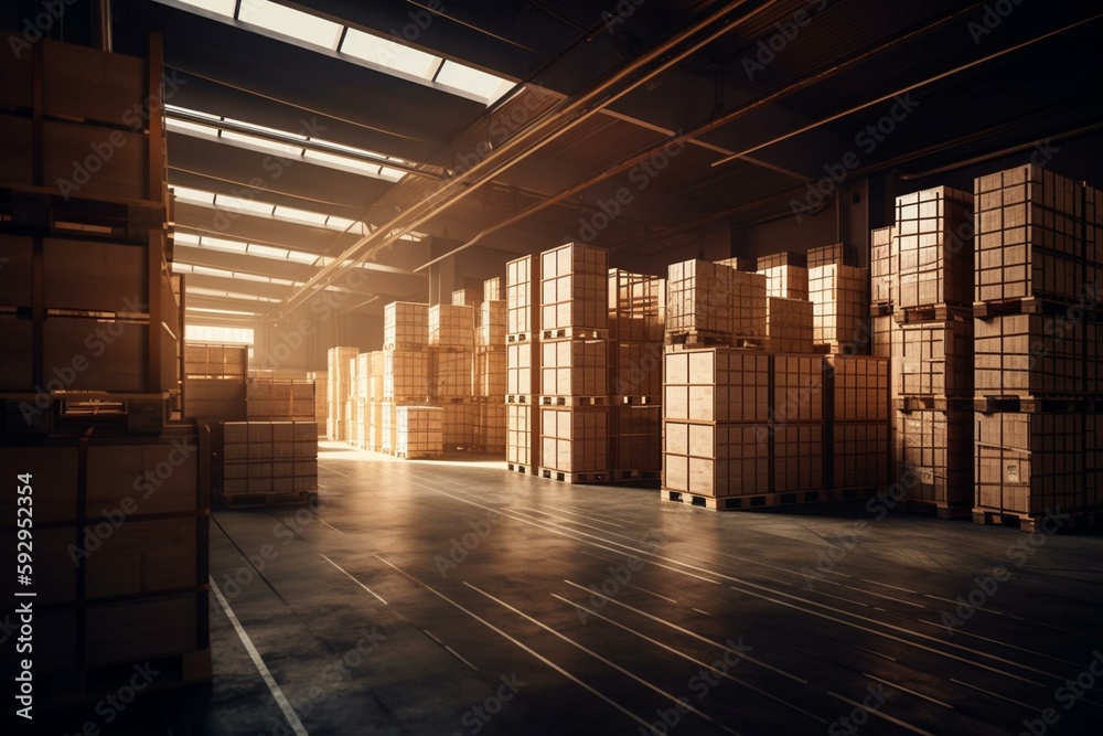 Warehouse with cardboard boxes inside on pallets racks, logistic center ...